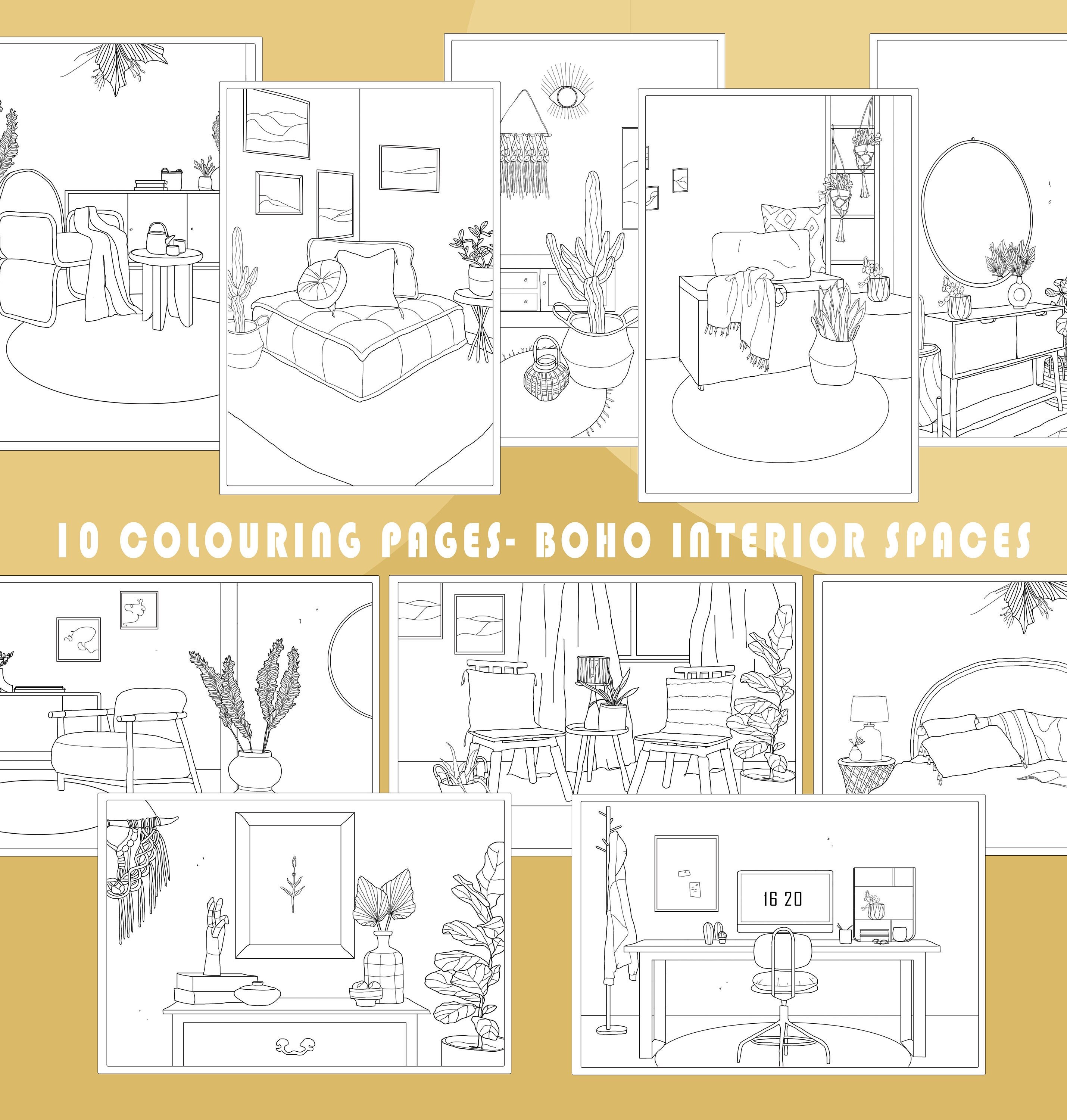 10 Colouring Pages Digital File-instant Download Interior Design Boho ...