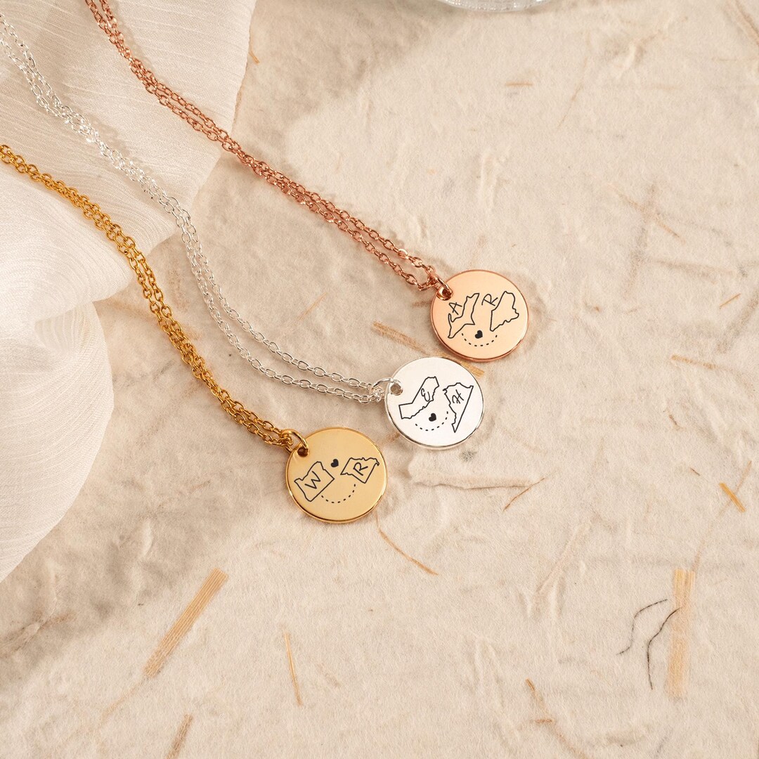 Personalized Map Necklace With Initial,custom Disc Engraved States Map ...
