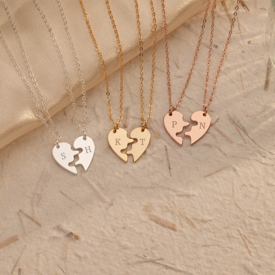 Engraved Broken Heart Necklace, Split Heart Initial Necklace, Couple ...