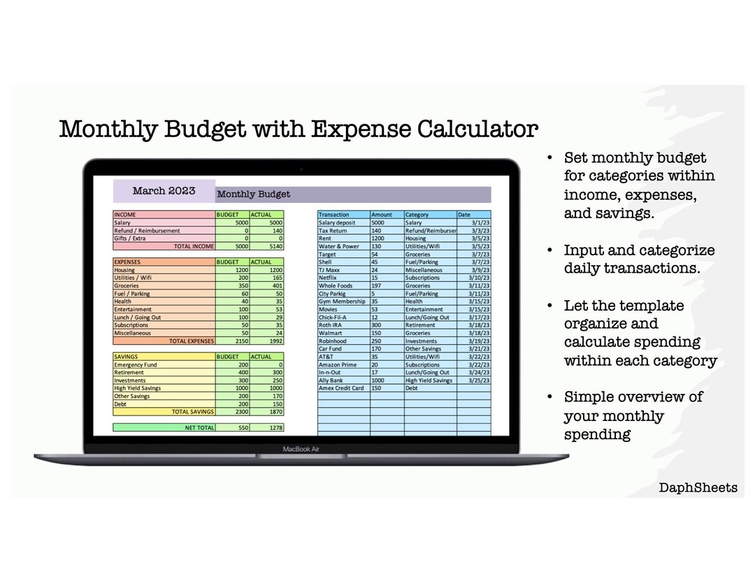 Monthly Budget With Expense Calculator - Etsy