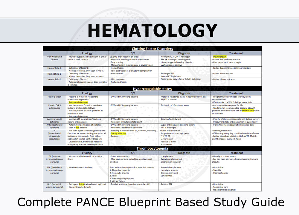 Hematology Complete Study Guide / PANCE Blueprint / Chart / Physician ...