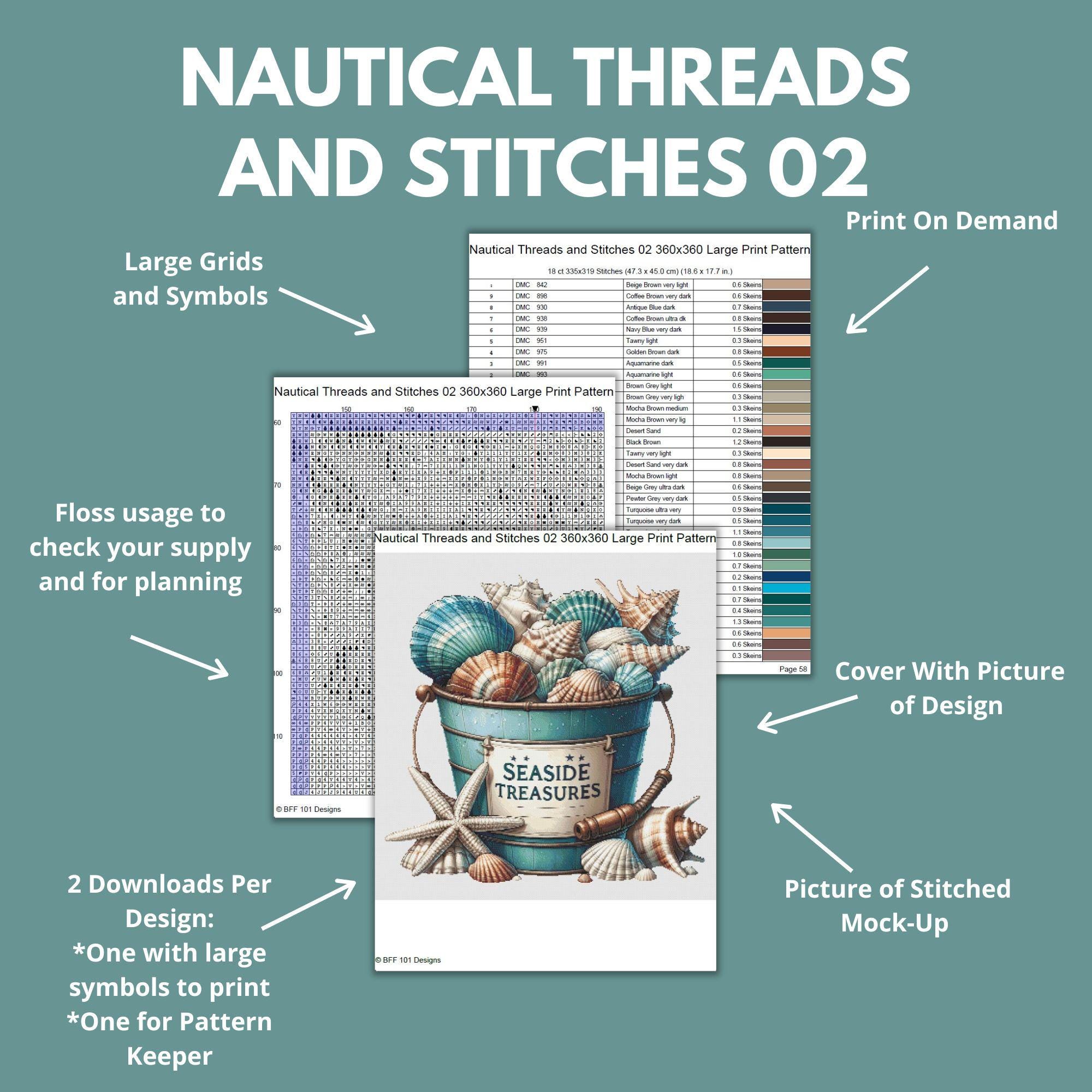 Nautical Threads 02 Cross Stitch Pattern Downloadable PDF Pattern - Sea Shells Beach Bucket ...