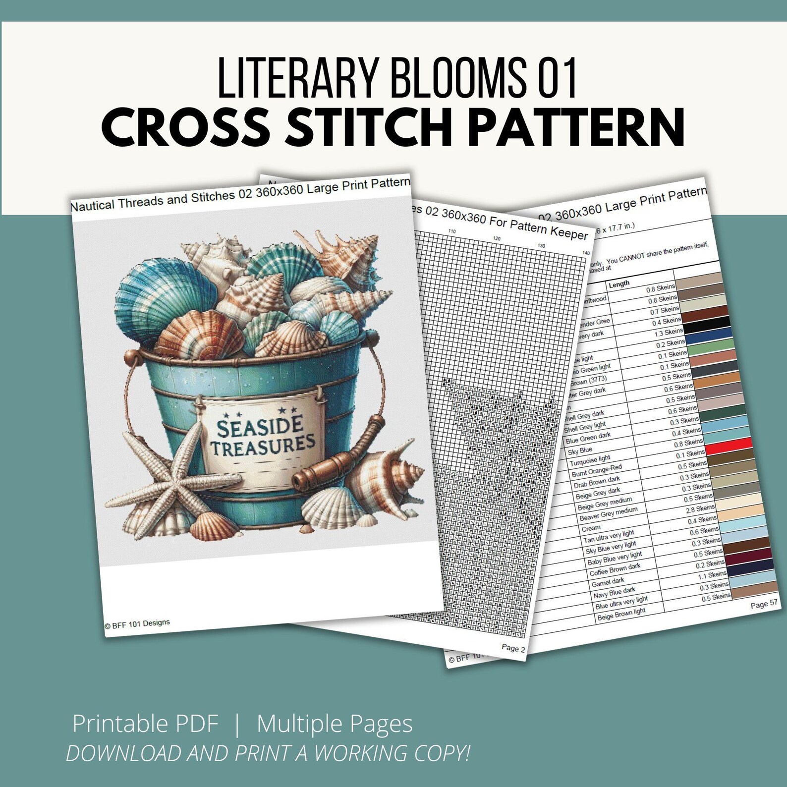 Nautical Threads 02 Cross Stitch Pattern Downloadable PDF Pattern - Sea Shells Beach Bucket ...