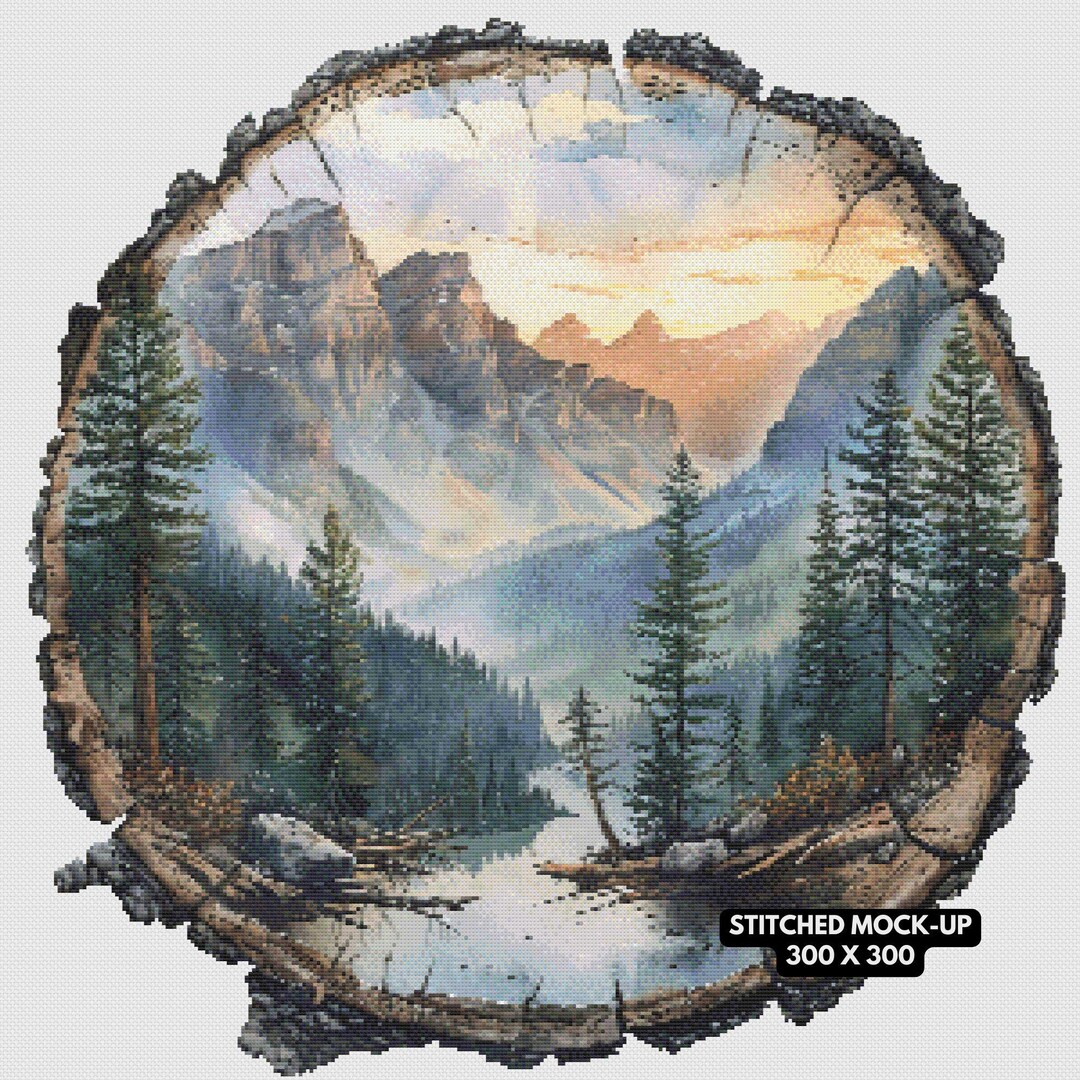Mountain Landscape Cross Stitch Pattern: Wood Round Waterfall (PDF ...