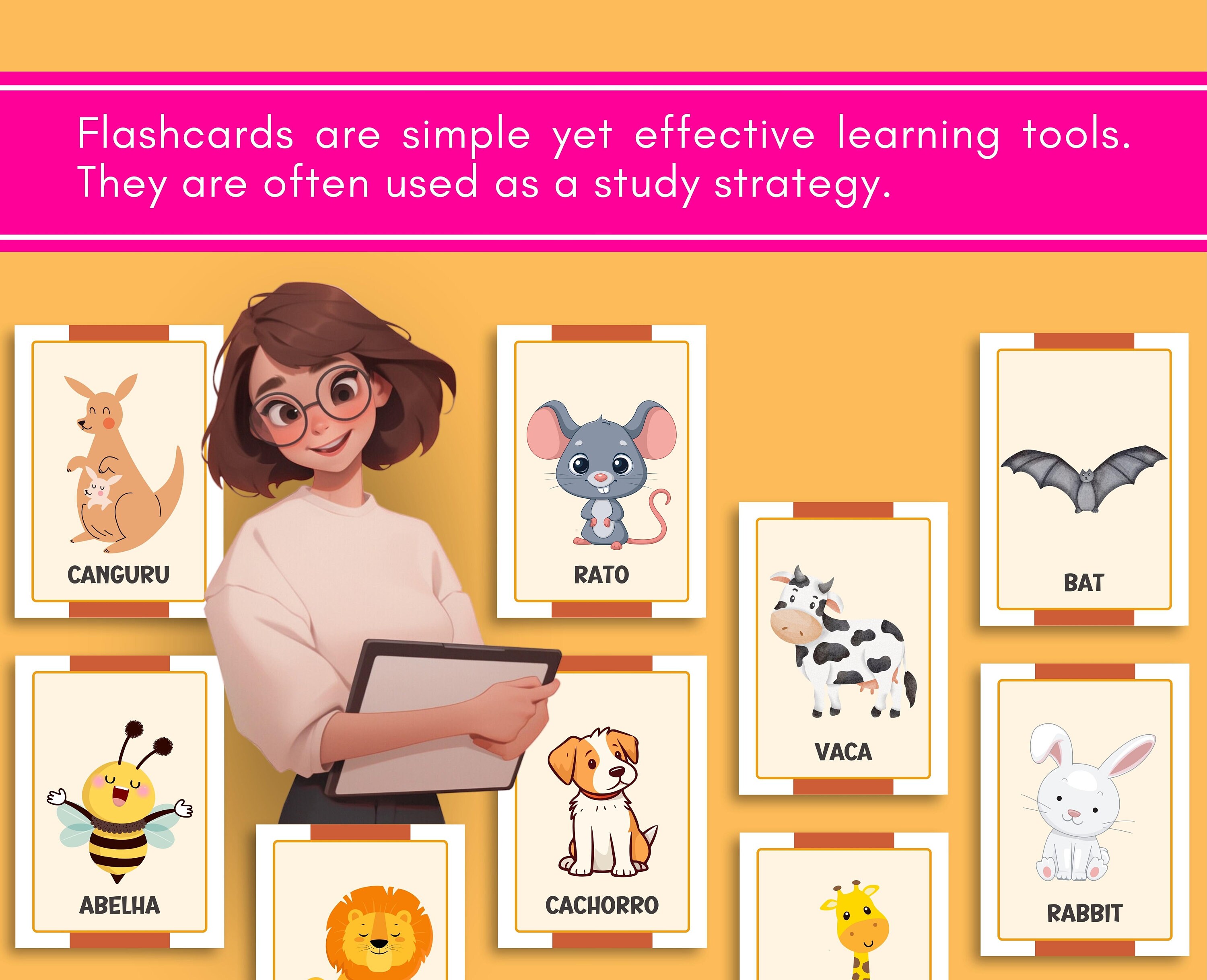 Pack Flashcards 50 Educational Cards English-portuguese, Printable ...