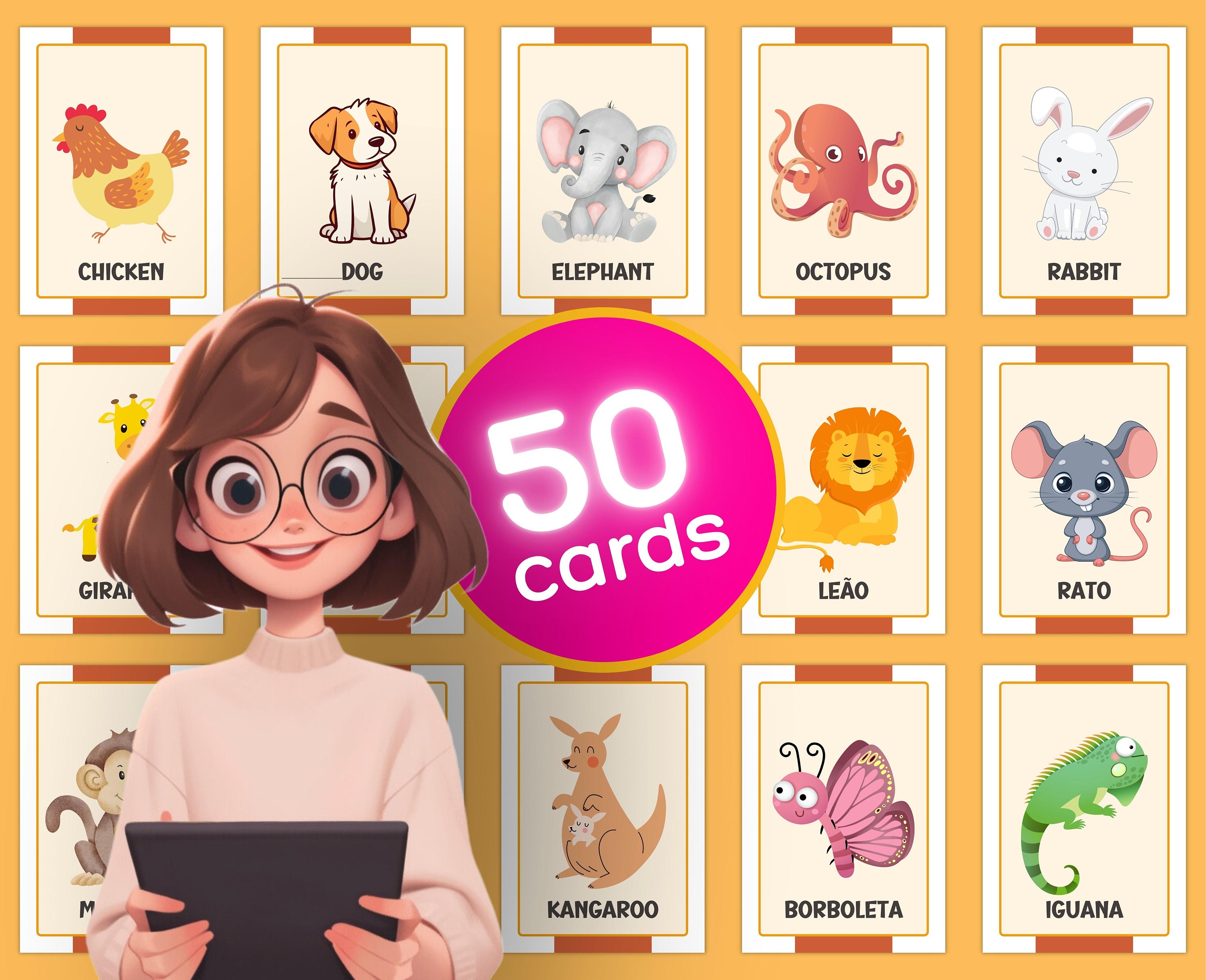 Pack Flashcards 50 Educational Cards English-portuguese, Printable ...