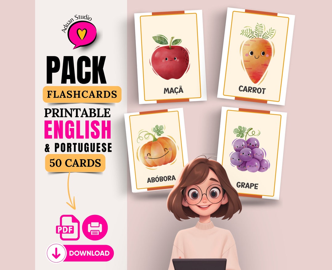 Pack Flashcards 50 Educational Cards English-portuguese Learning for ...