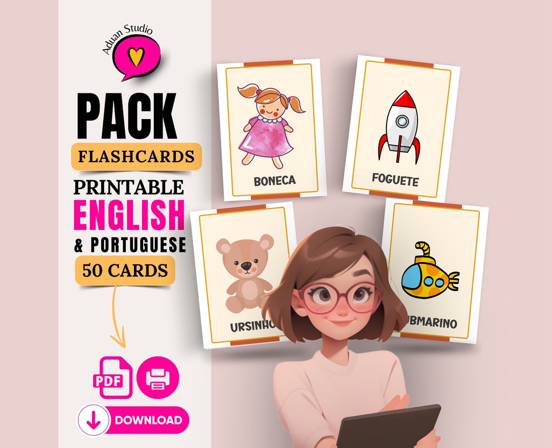 Pack Flashcards 50 Educational Cards English-portuguese, Printable ...