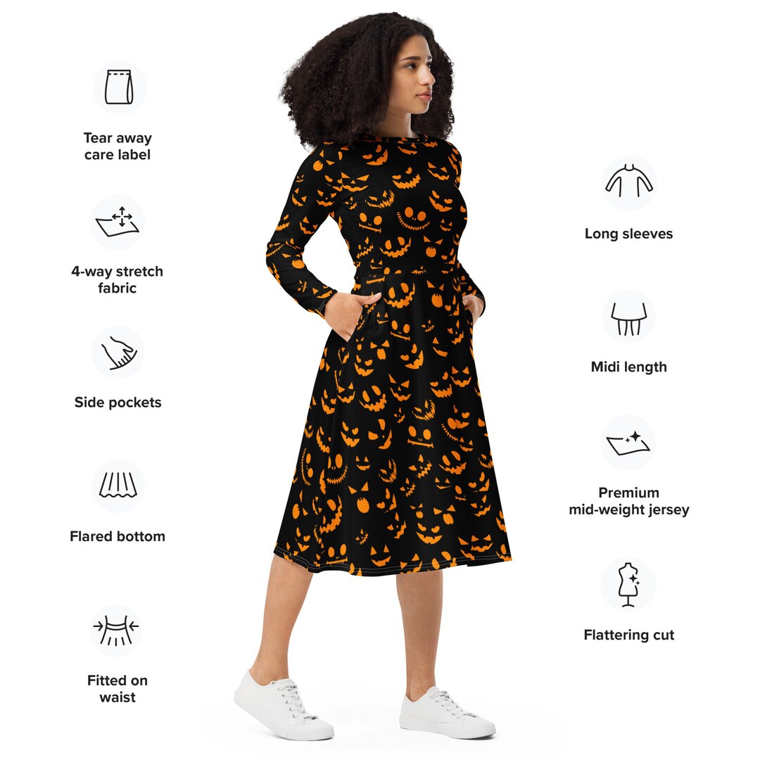 Halloween Long Sleeve Midi Dress With Pockets, Jack 'o Lantern Dress ...