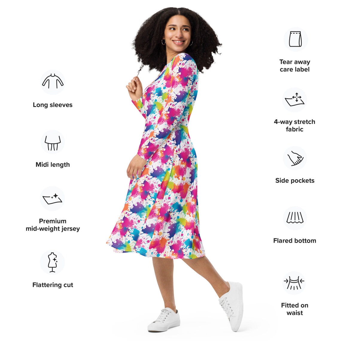 Rainbow Paint Splash Midi Dress With Pockets - Etsy