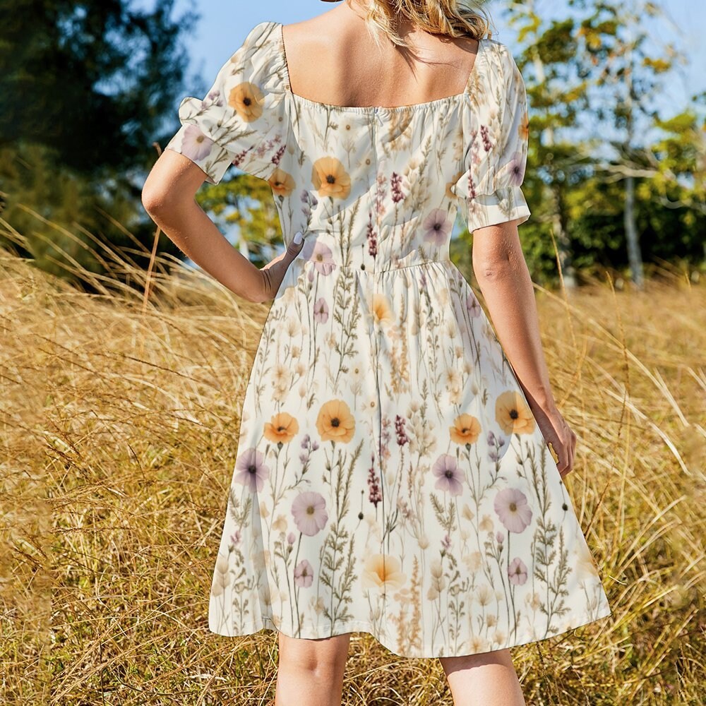 Wildflower Sweetheart Neck Puff Sleeve Dress, Wildflowers Puff Sleeve ...