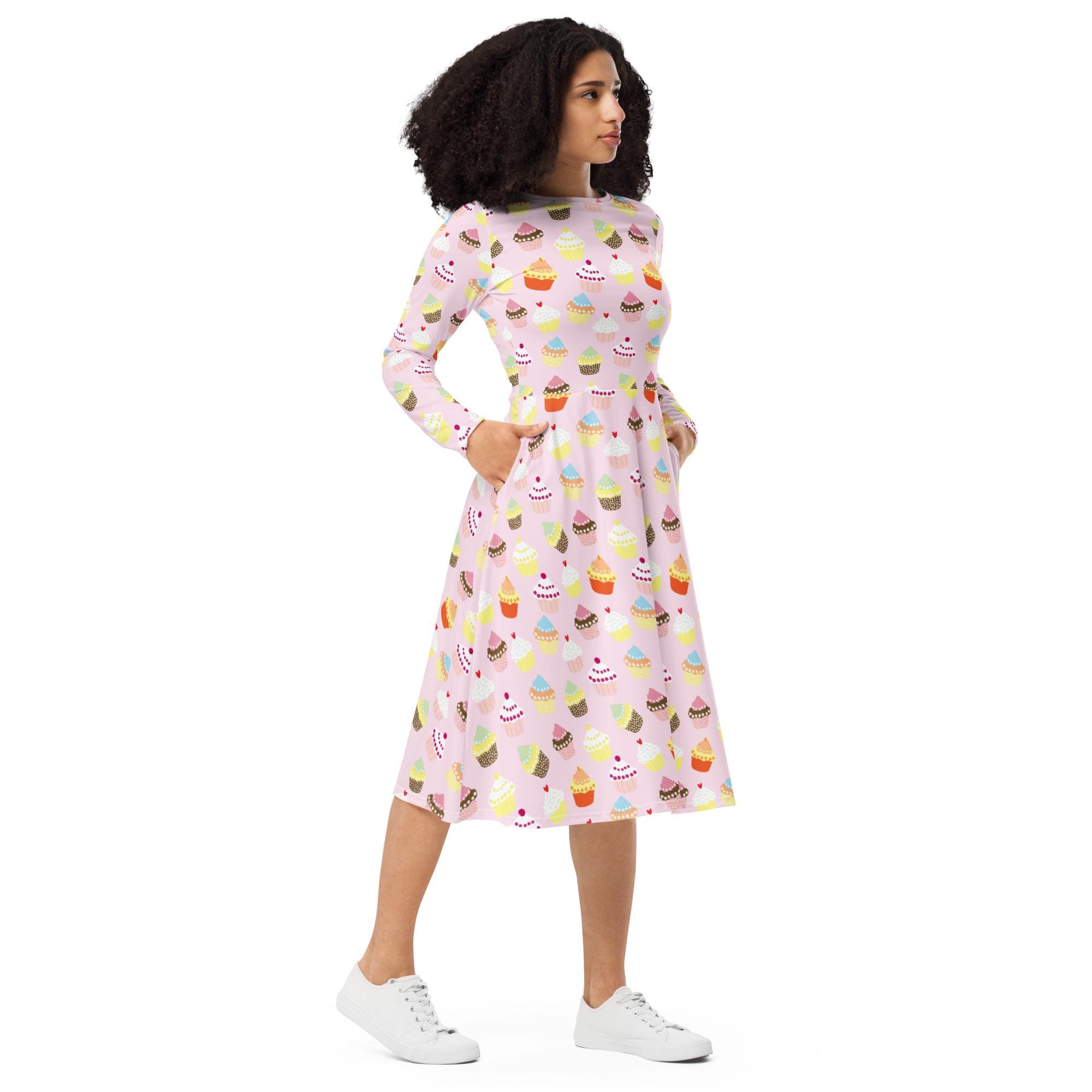 Cupcakes Long Sleeve Midi Dress With Pockets for Women, Women's ...