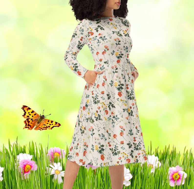 Wildflowers Long Sleeve Midi Dress With Pockets, Floral Print, Spring ...