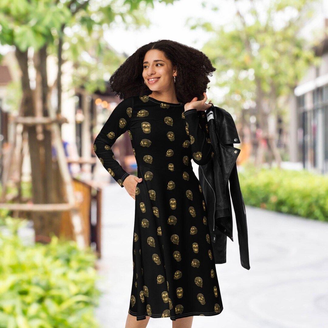 Gold Skulls Long Sleeve Midi Dress With Pockets, Goth Dress, Gothic ...