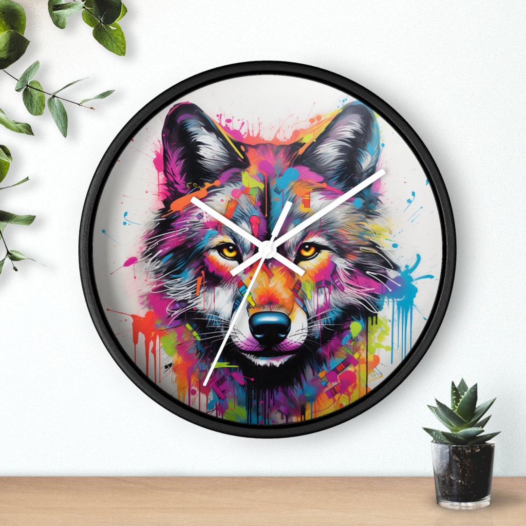 Neon Graffiti Wolf Wall Clock, Analog Wall Clock, Wolf Art, Office Wall ...