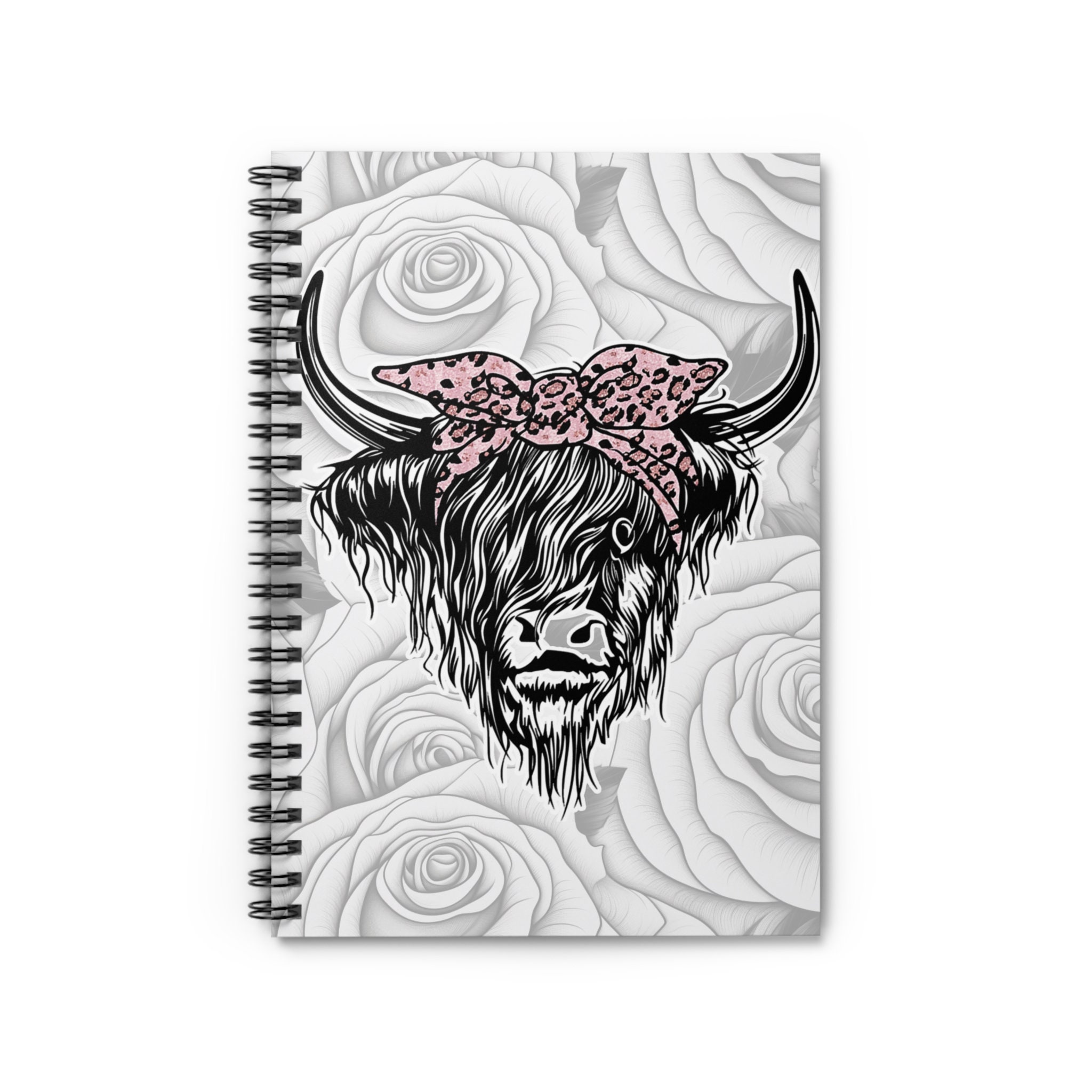 Scottish Highland Cow on White Roses Spiral Notebook Ruled Line ...