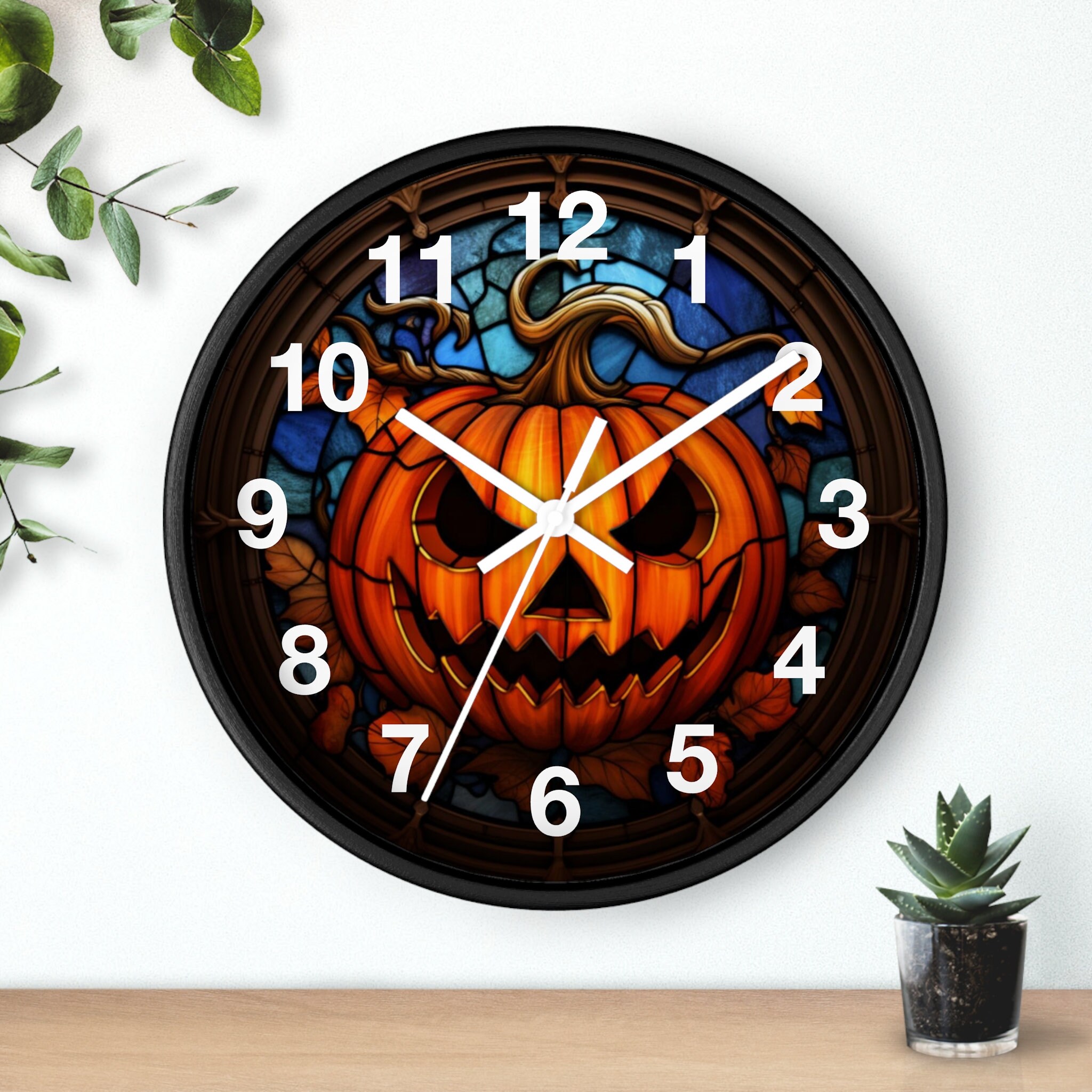 Jack O' Lantern Stained Glass Print Wall Clock Halloween Pumpkin Clock ...