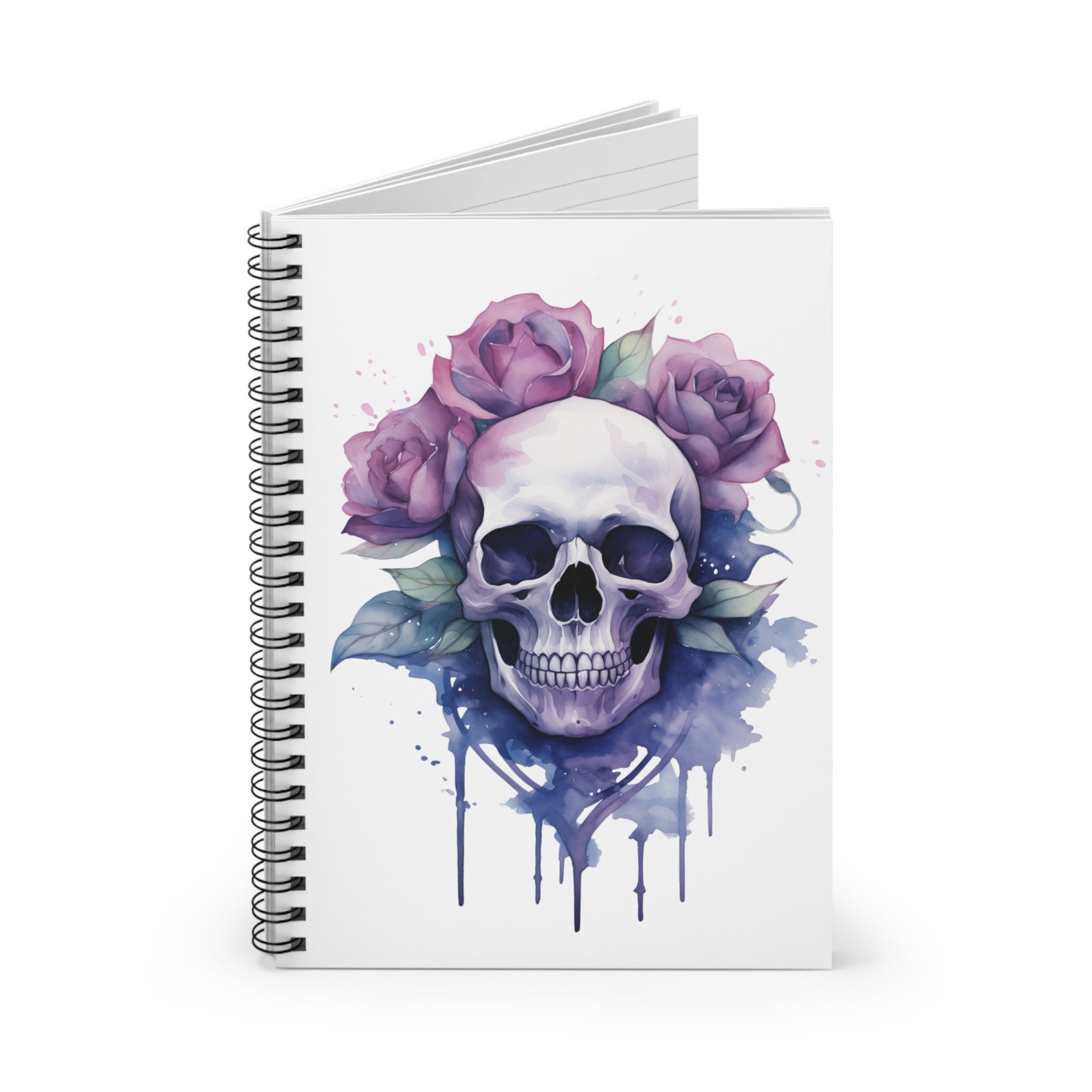 Blooming Skull Spiral Notebook, Skull and Flower Journal, Purple Roses ...