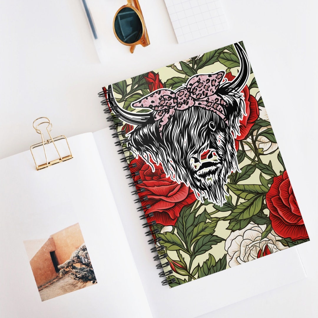 Scottish Highland Cow on Roses Spiral Notebook Ruled Line - Etsy