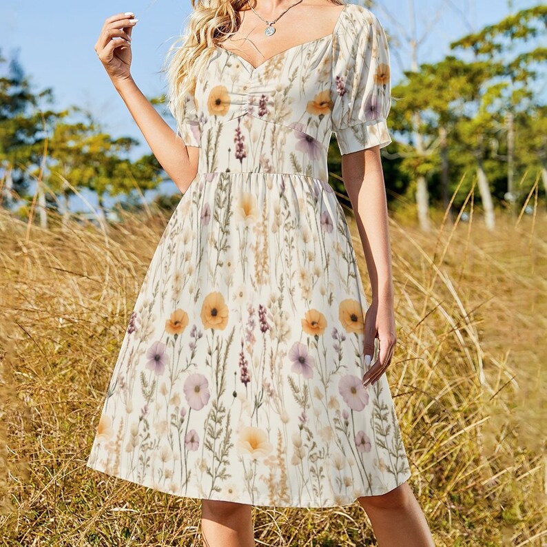 Wildflower Sweetheart Neck Puff Sleeve Dress, Wildflowers Puff Sleeve ...