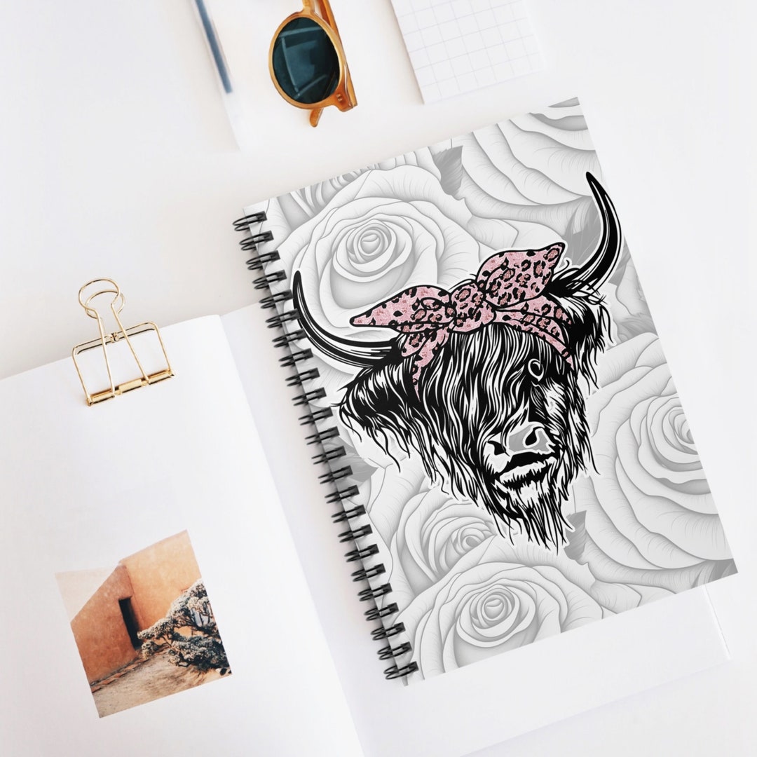 Scottish Highland Cow on White Roses Spiral Notebook Ruled Line ...
