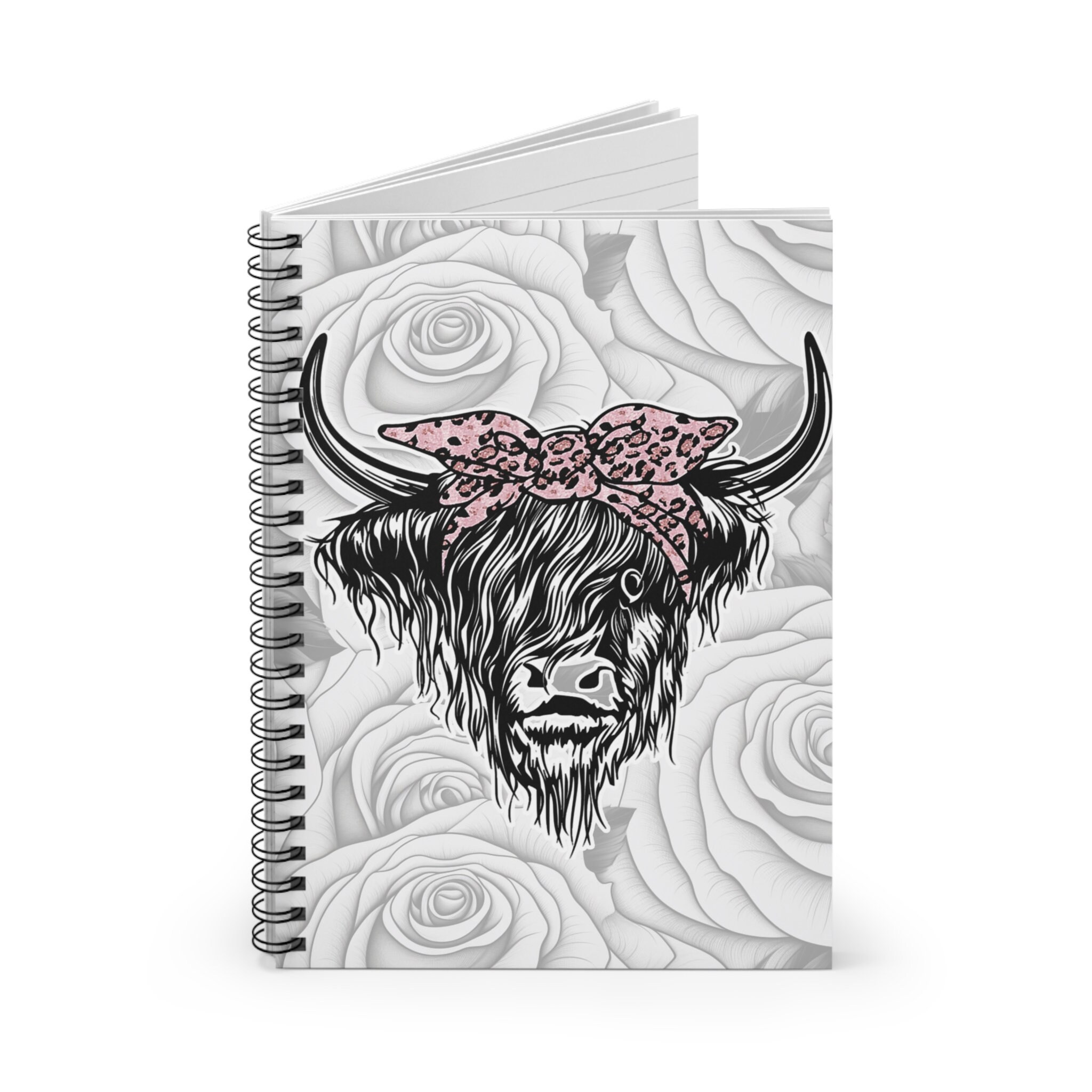 Scottish Highland Cow on White Roses Spiral Notebook Ruled Line ...