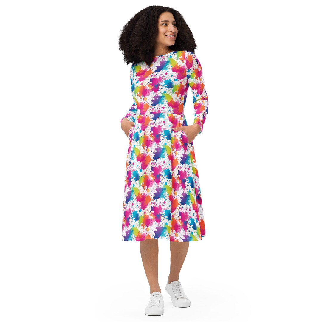 Rainbow Paint Splash Midi Dress With Pockets - Etsy