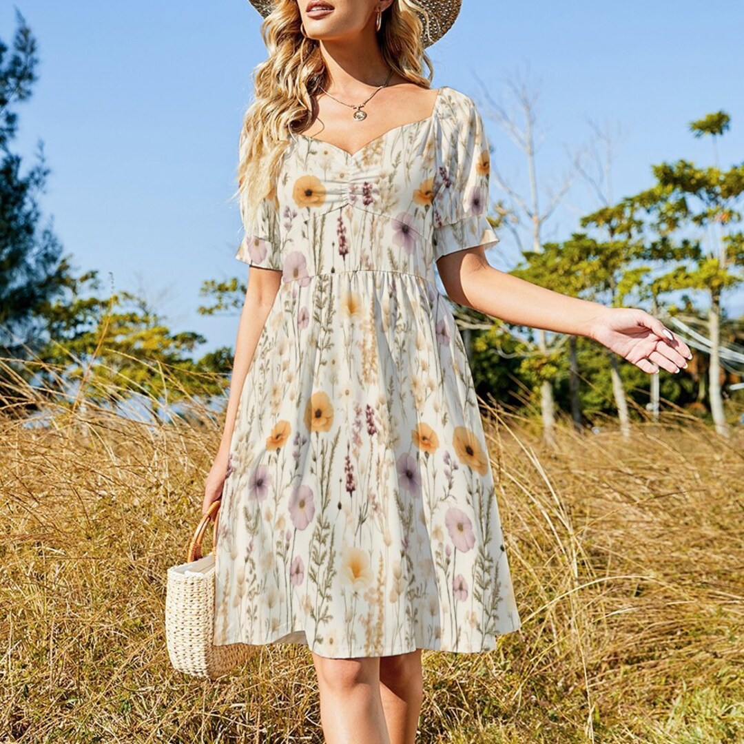 Wildflower Sweetheart Neck Puff Sleeve Dress, Wildflowers Puff Sleeve ...