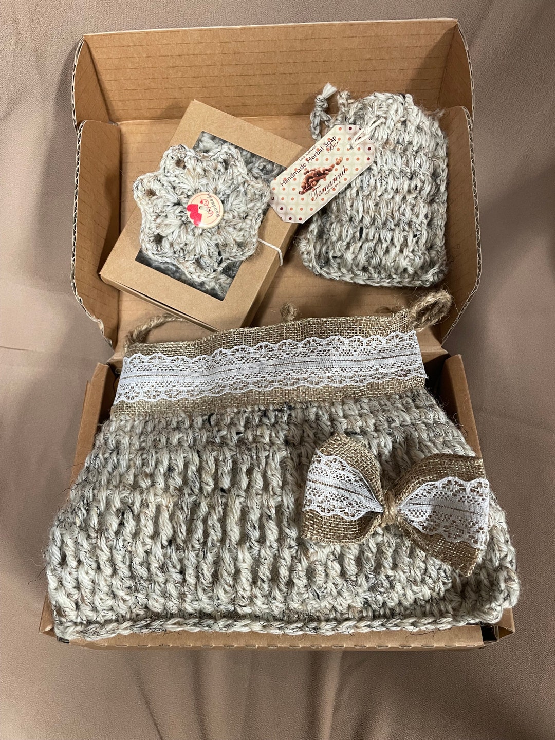 Crocheted Bathroom Set: Tamarind Soap, Scrub, Face Cleaner & Bag - Etsy