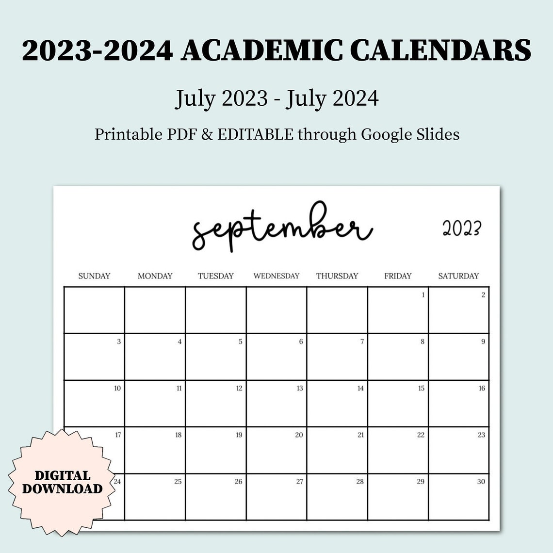 2023 2024 Academic Monthly Calendars, Printable, Editable, 11 X 8.5 ...