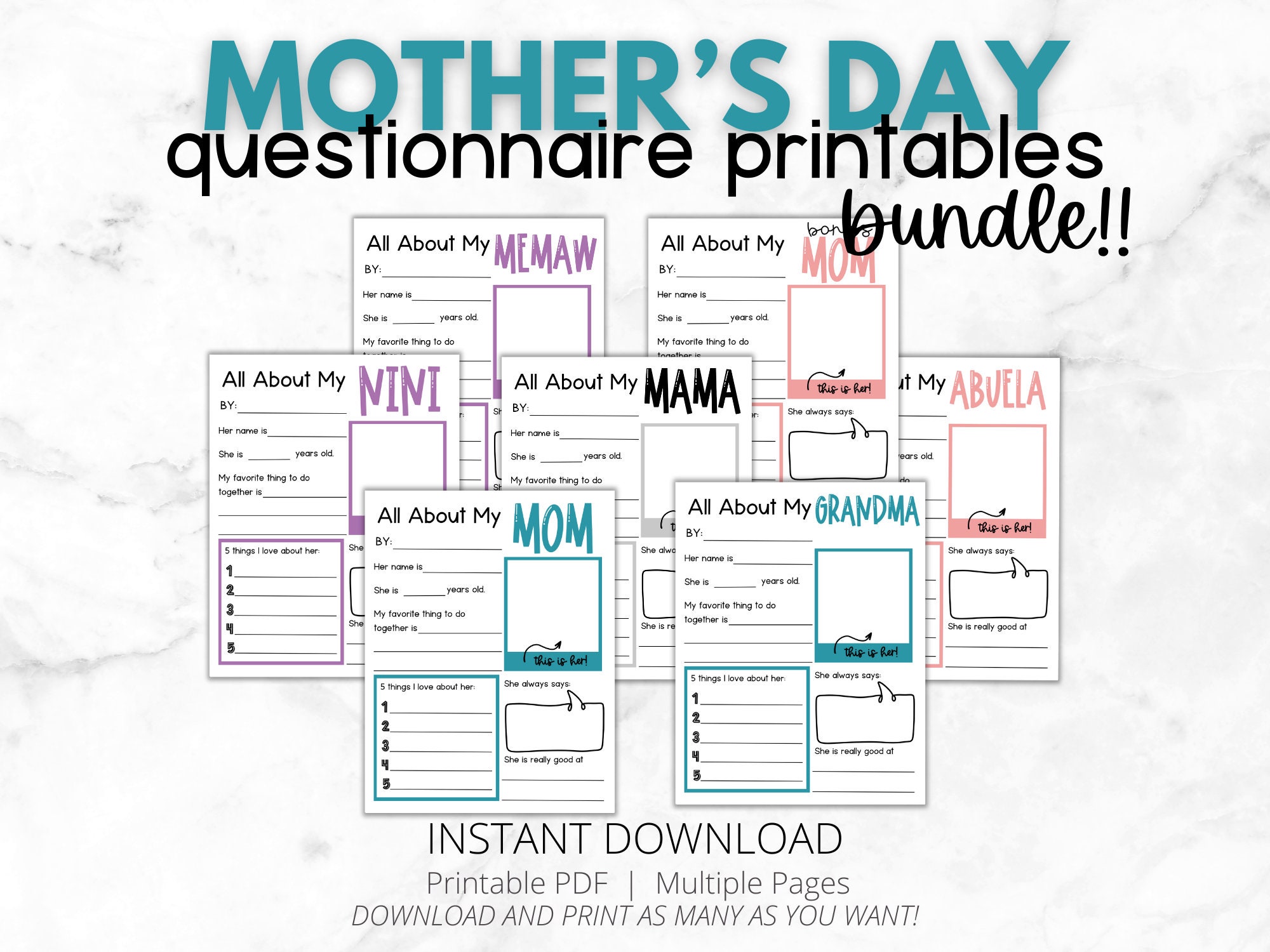 Mothers Day Printables All About My Mom, Step Mom, Bonus Mom, Grandma ...