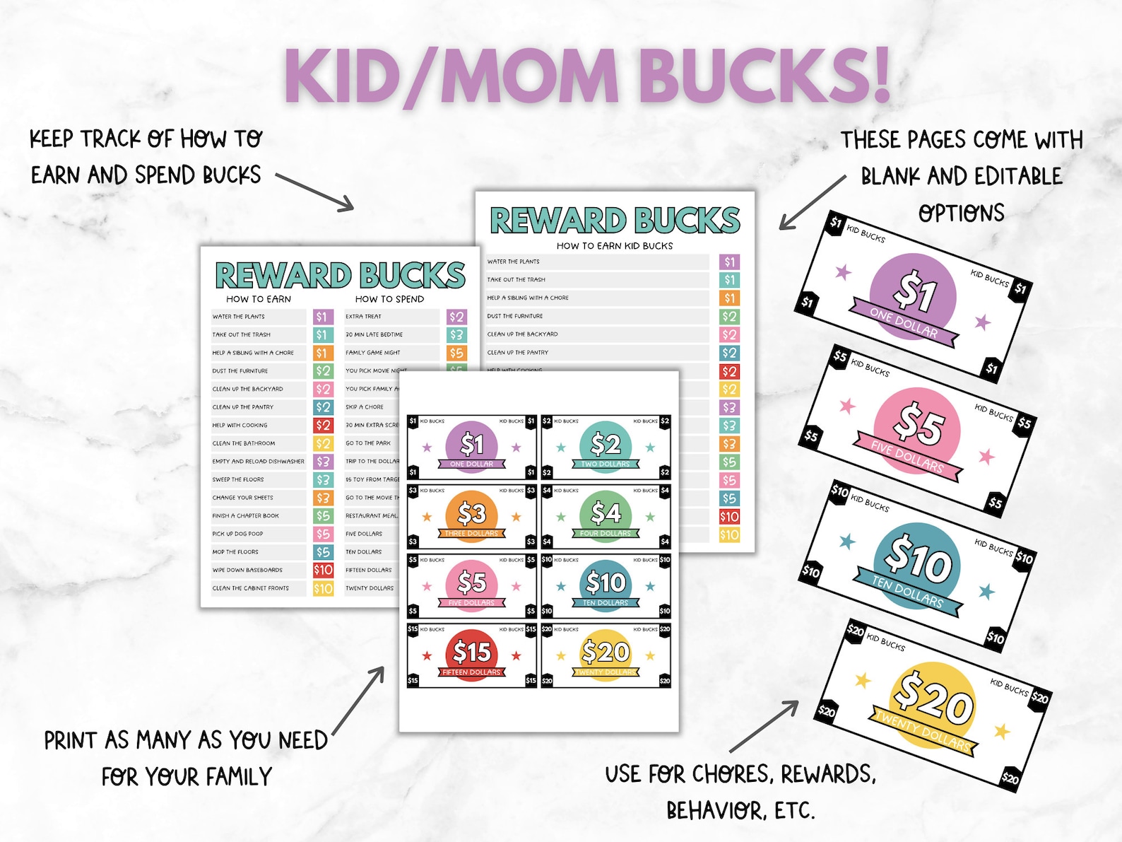 Mom Bucks/kid Bucks | Editable Parent Reward System | Pretend Play ...