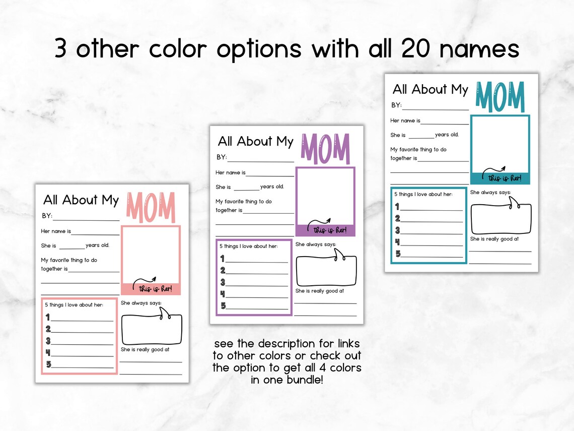 Mothers Day Printables All About My Mom, Step Mom, Bonus Mom, Grandma ...
