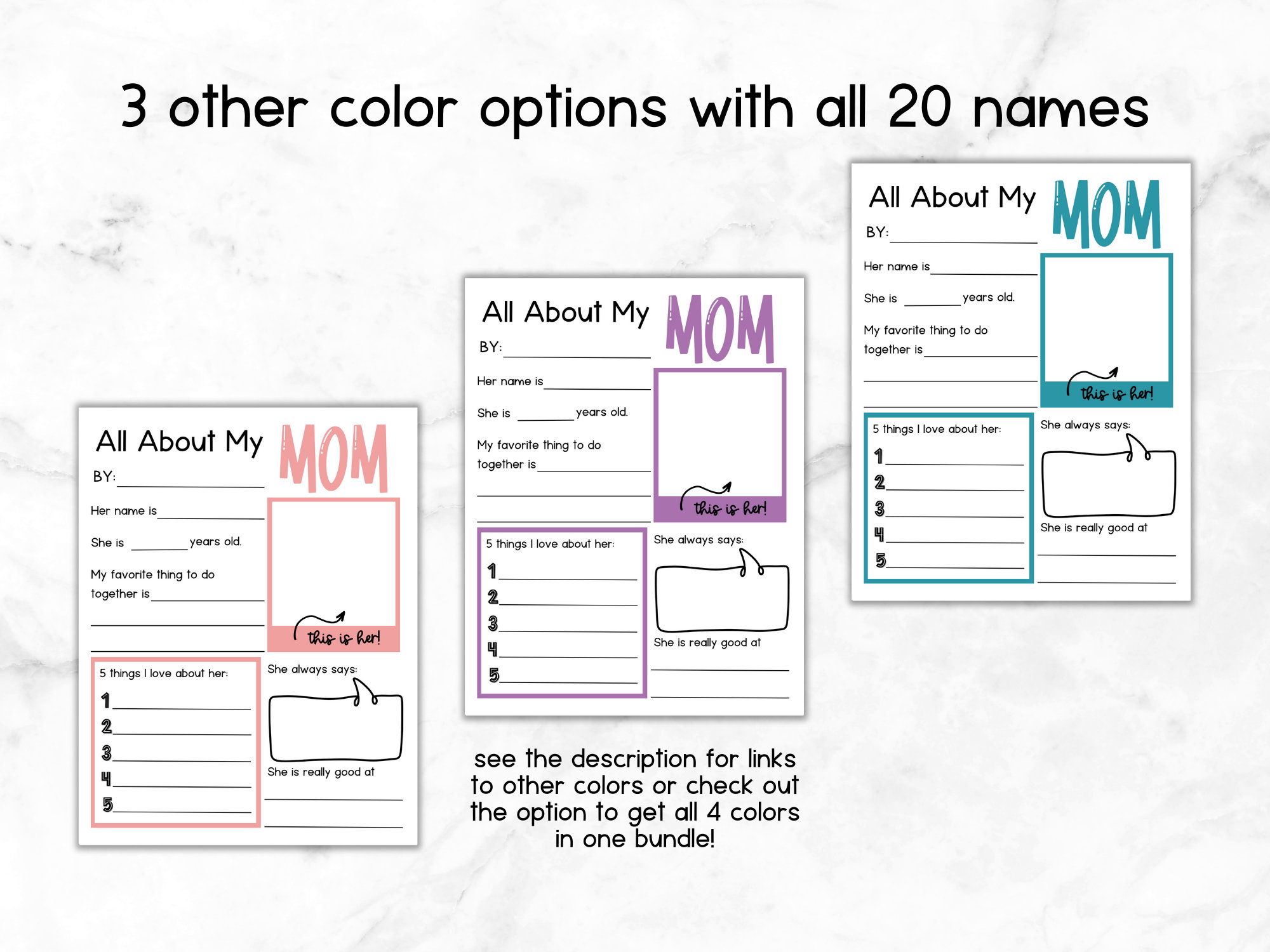 Mothers Day Printables All About My Mom, Step Mom, Bonus Mom, Grandma ...