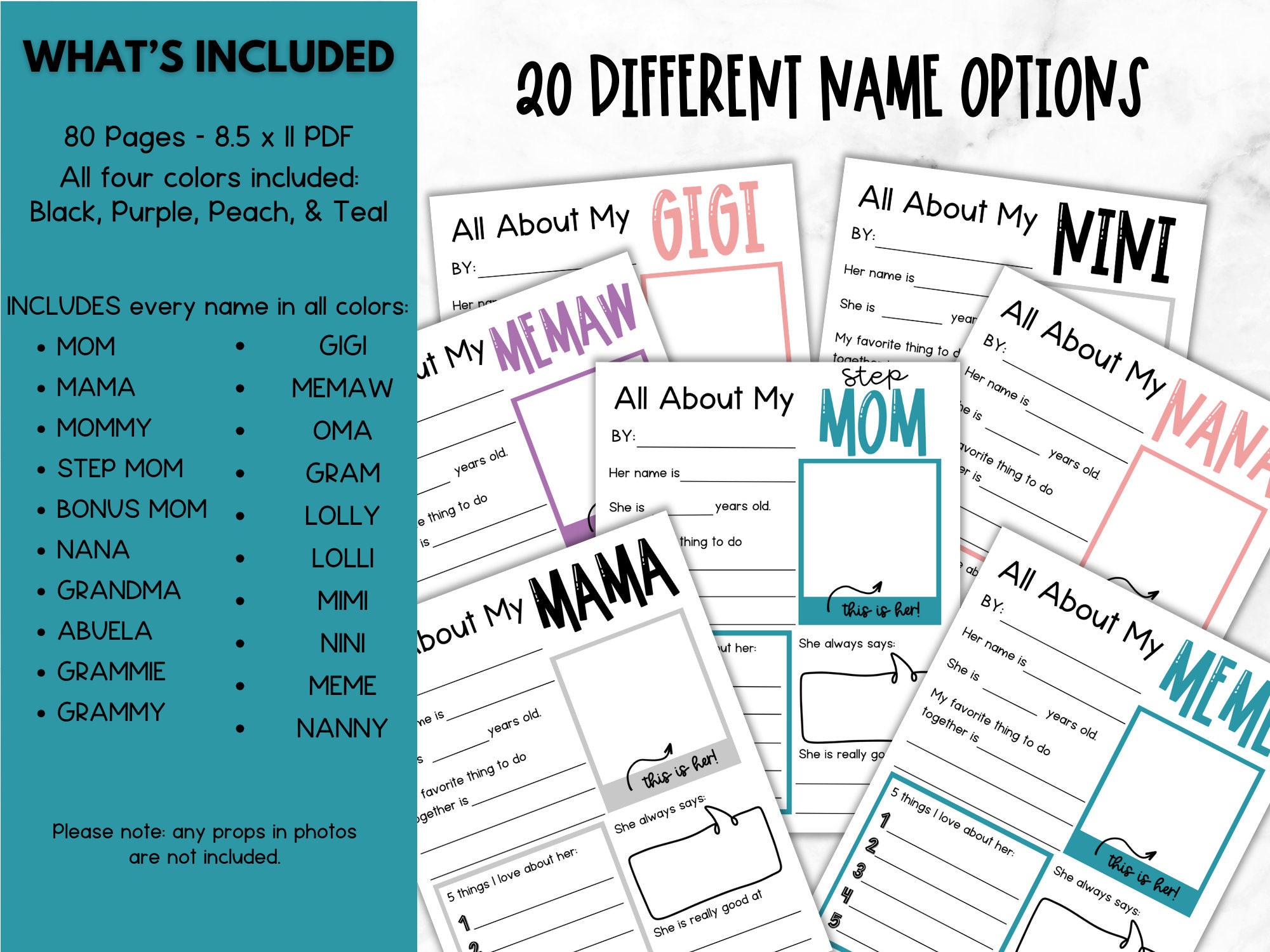 Mothers Day Printables All About My Mom, Step Mom, Bonus Mom, Grandma ...