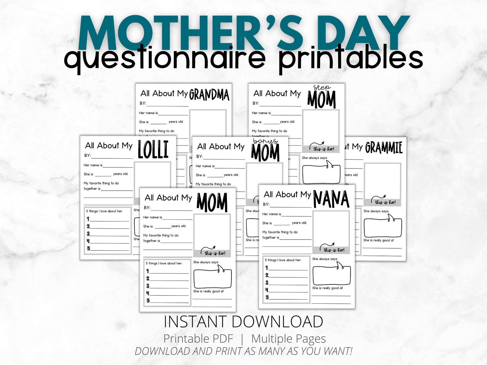 Mothers Day Printables All About My Mom, Step Mom, Bonus Mom, Grandma ...