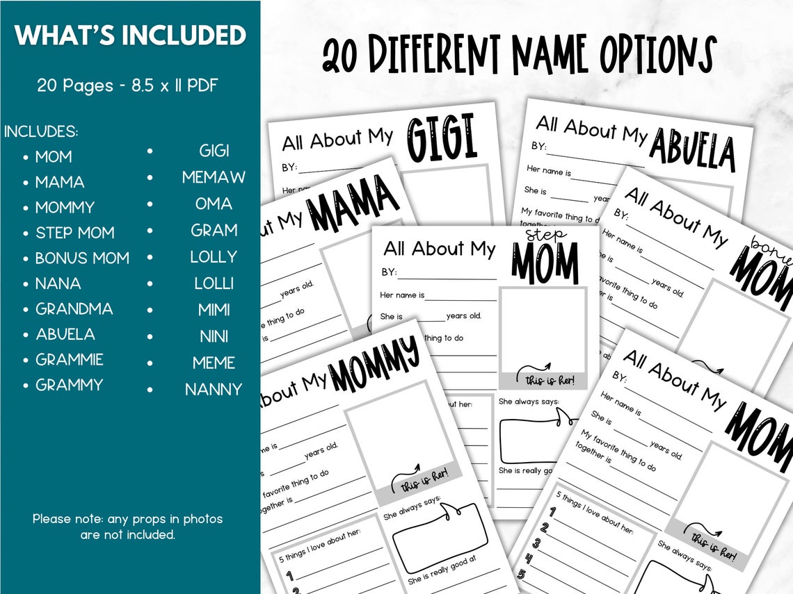 Mothers Day Printables All About My Mom, Step Mom, Bonus Mom, Grandma ...