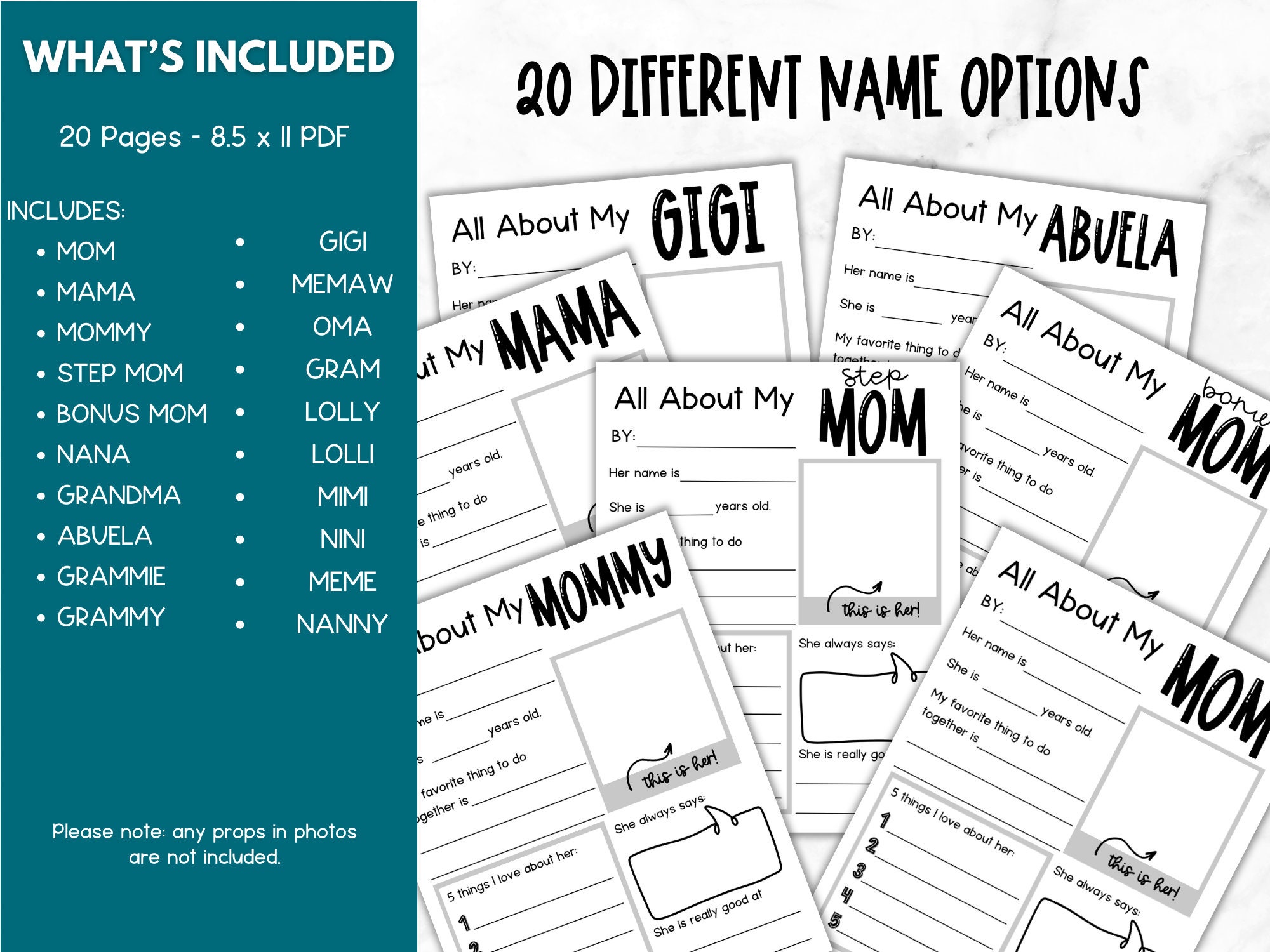 Mothers Day Printables All About My Mom, Step Mom, Bonus Mom, Grandma ...