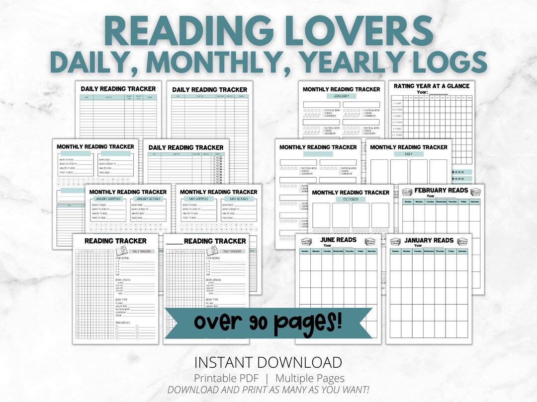 Reading Lovers Daily, Monthly, Yearly Logs | Printable Reading Journal ...