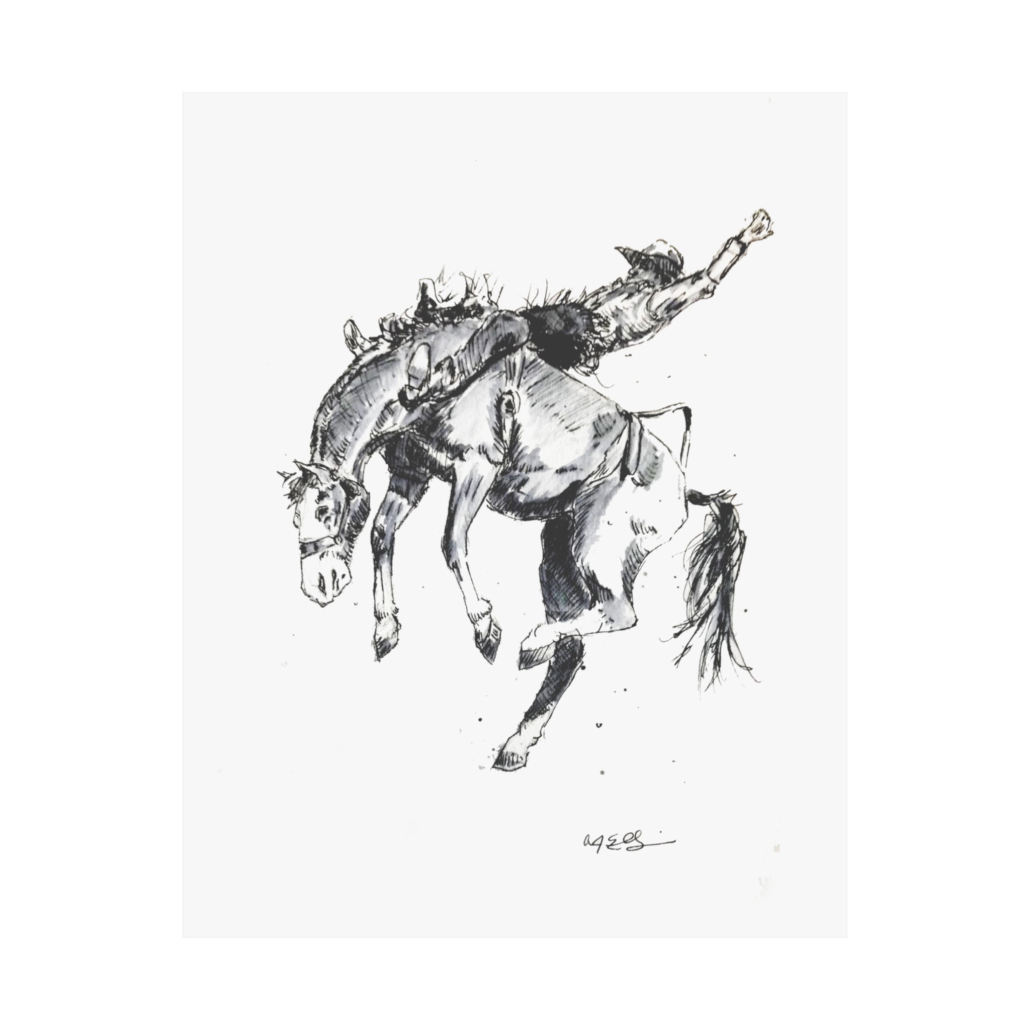 Bronc Rider Wall Art Drawing of Rodeo Cowboy Ink Drawing - Etsy