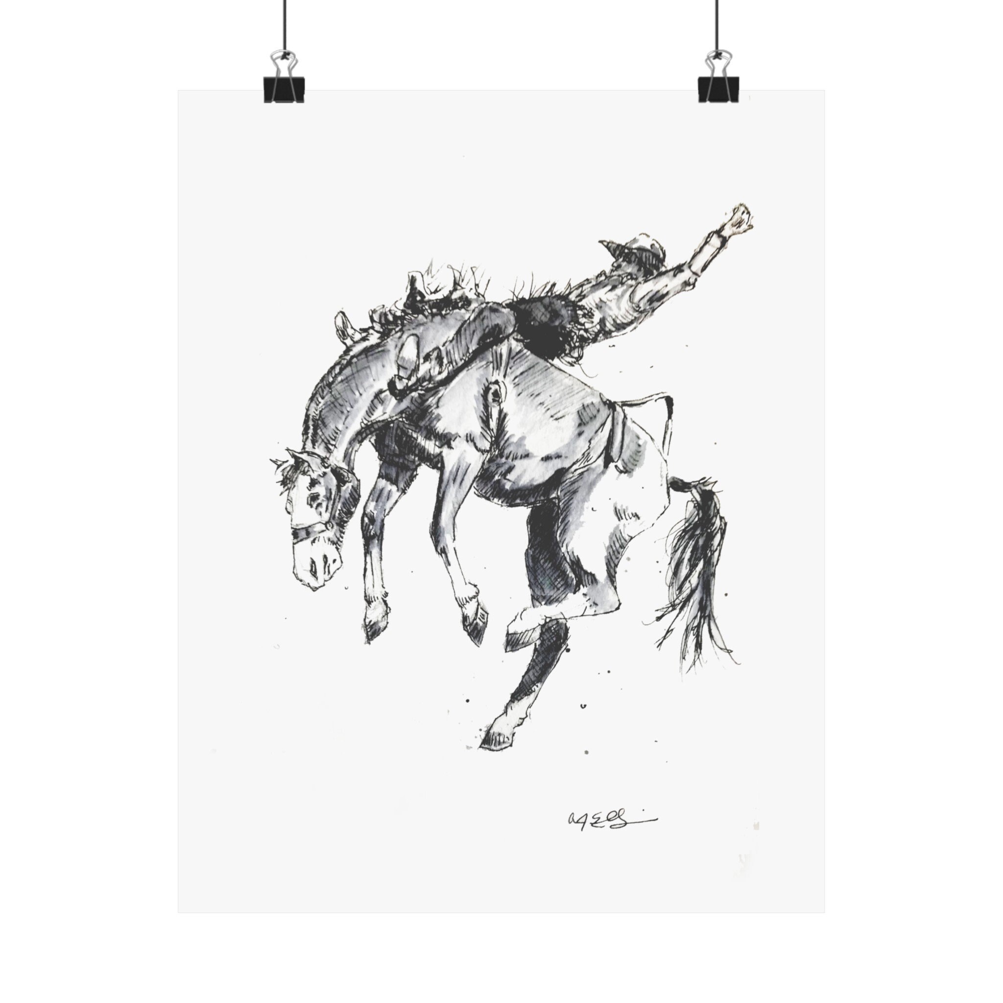 Bronc Rider Wall Art Drawing of Rodeo Cowboy Ink Drawing - Etsy