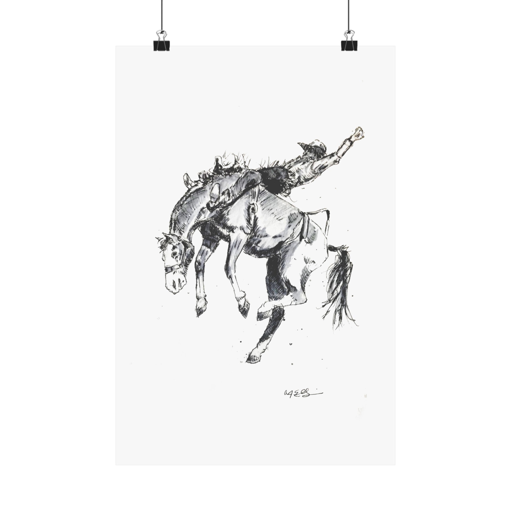 Bronc Rider Wall Art Drawing of Rodeo Cowboy Ink Drawing - Etsy