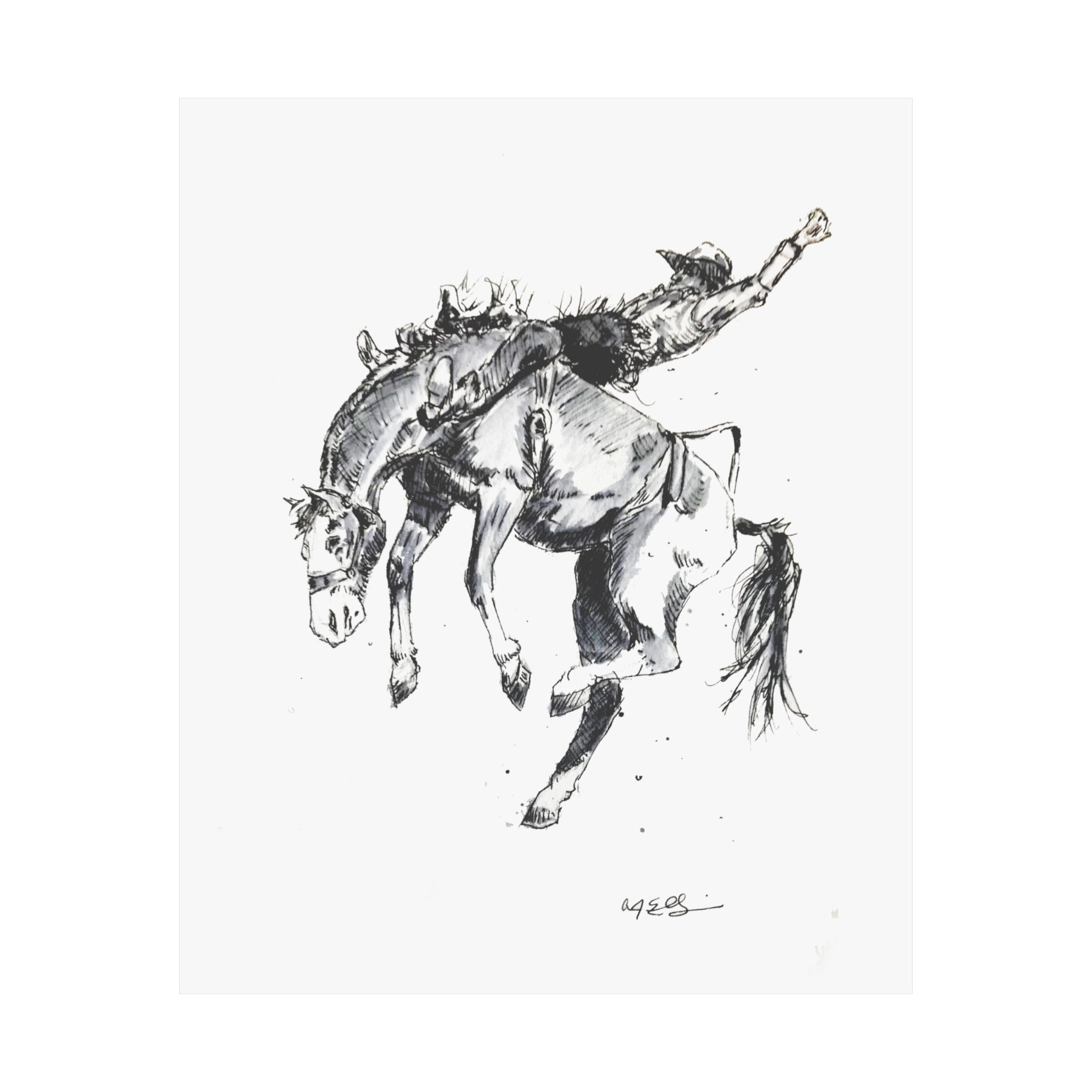 Bronc Rider Wall Art Drawing of Rodeo Cowboy Ink Drawing - Etsy