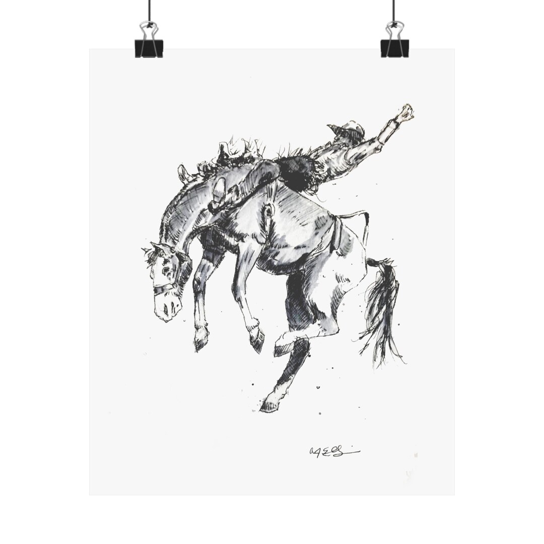 Bronc Rider Wall Art Drawing of Rodeo Cowboy Ink Drawing - Etsy