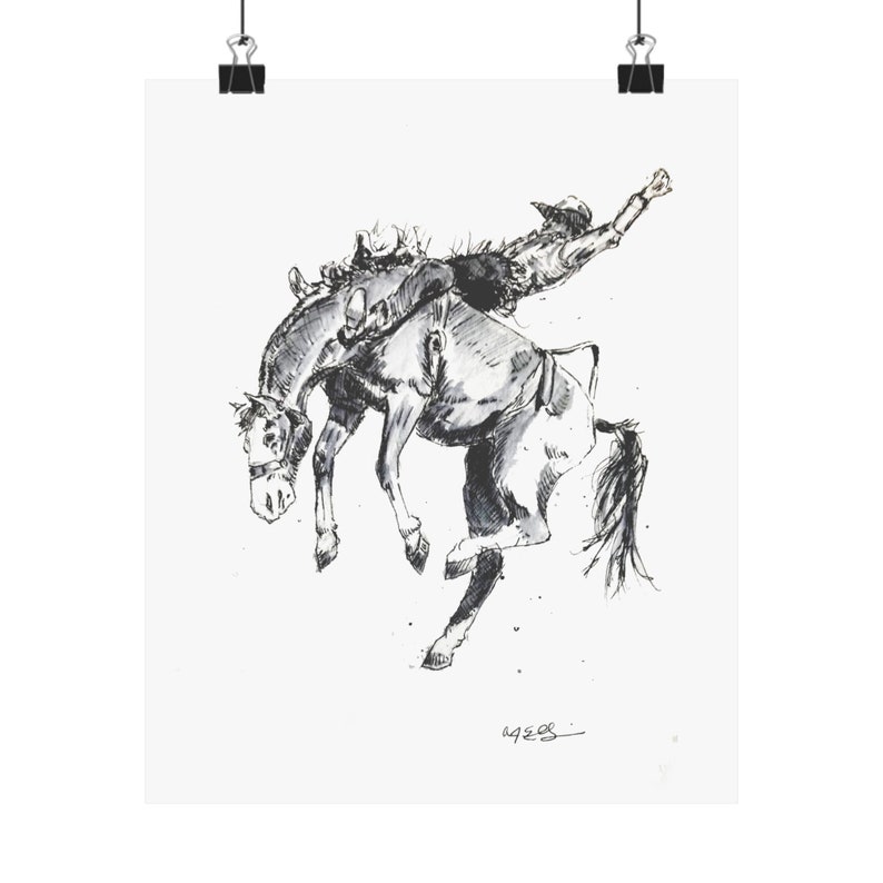 Bronc Rider Wall Art Drawing of Rodeo Cowboy Ink Drawing - Etsy