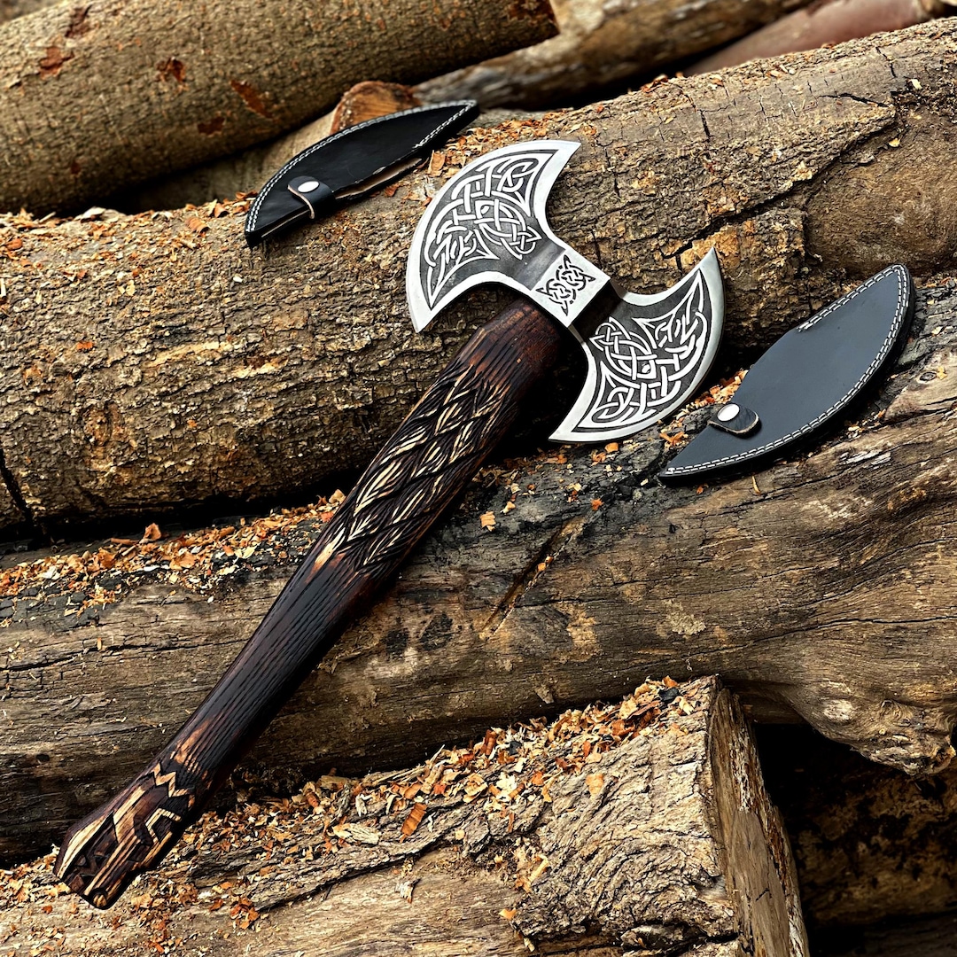 Hand-forged Double Headed Viking Axe, Leather Wrapped Handle, With ...