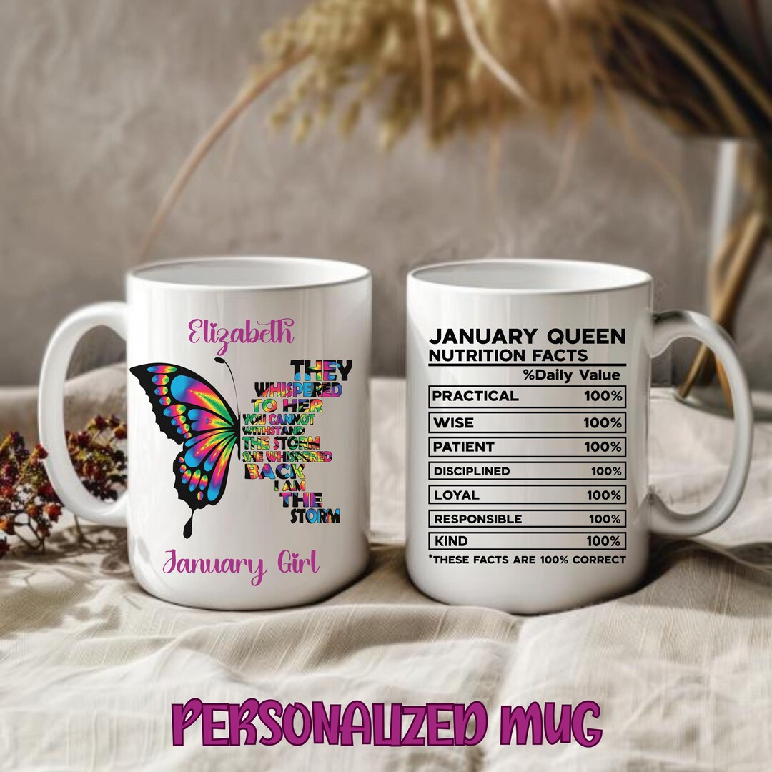 Birthday Girl Mug, Butterfly Design, Funny Nutrition Facts, Custom Name ...