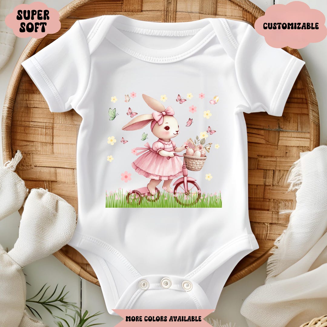 Vintage Bunny Girl in a Bicycle Baby Romper, Bunny Butterfly Spring ...