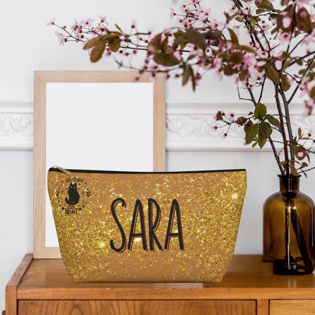 Personalized Gold Print Glitter Makeup Bag Gift for Her, Bridesmaid ...