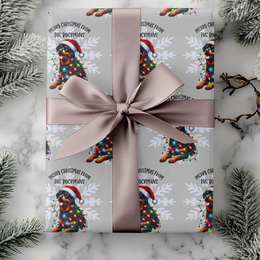 Rottweiler Xmas Gift Wrap, Rottweiler Wrapped in Xmas Lights Gift Wrap ...